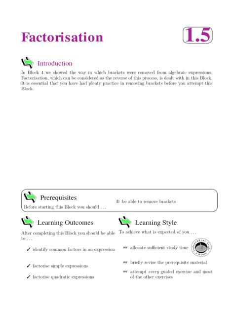15 Factorisation Introduction Prerequisites Learning Outcomes