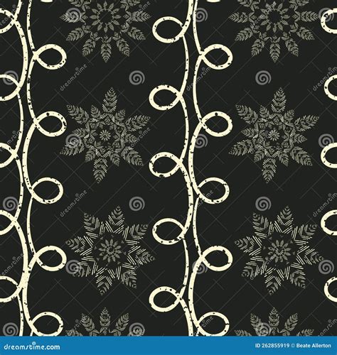 Christmas Snowflake And Doodle Loop Vector Seamless Pattern Background Black White Backdrop
