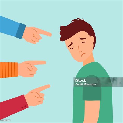 검지 손가락으로 손에 둘러싸인 슬프거나 우울한 남자 플랫 디자인의 비난 유죄 개념 벡터 대중의 비난 가리키기에 대한 스톡 벡터 아트 및 기타 이미지 Istock