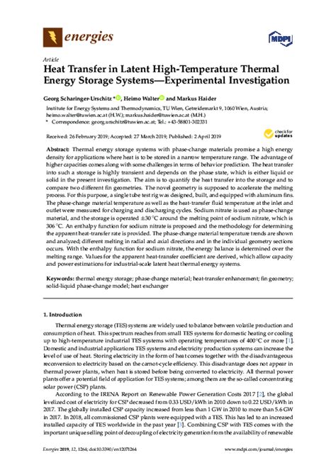 Pdf Heat Transfer In Latent High Temperature Thermal Energy Storage Systems—experimental