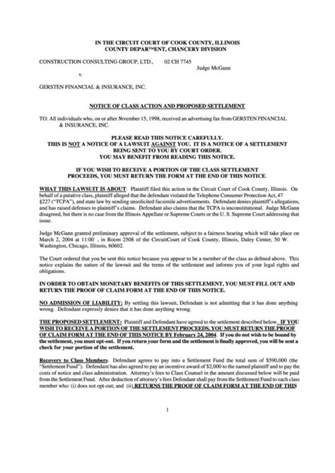 Notice Of Class Action And Proposed Settlement Printable Pdf Download
