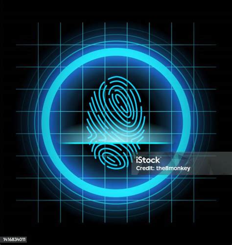 지문 인식 미래 지향적 인 기술 지문 보안 또는 식별 시스템 개념 벡터 일러스트 레이 션을 스캔하십시오 생체 인식 데이터 설계 엄지 손가락 라인의 보안 시스템 감지기에 대한