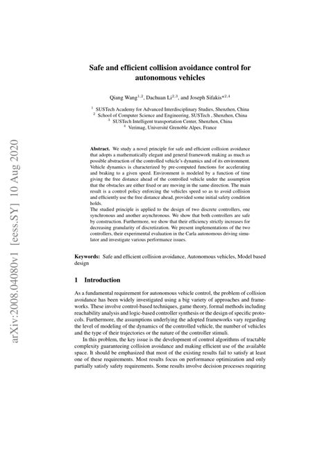 PDF Safe And Efficient Collision Avoidance Control For Autonomous Vehicles