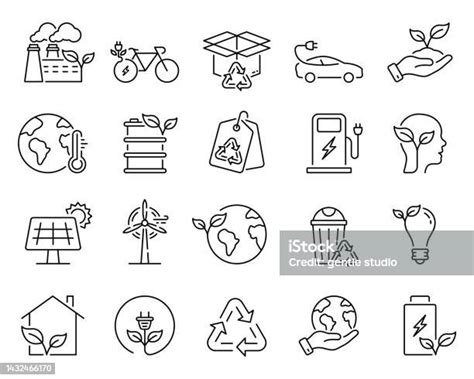 환경 케어 라인 아이콘 세트 생태 태양 바람 물 전기 에너지 선형 기호 깨끗한 전력 개요 기호 환경 보전 편집 가능한 스트로크 격리된 벡터 일러스트 레이 션 공장 산업