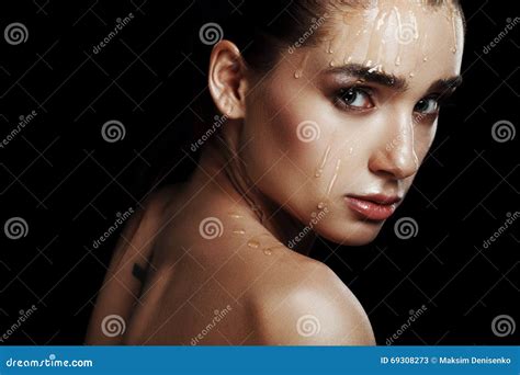 Beauty Portrait Of Young Woman With Strobing Makeup Liquid On Fa Stock Image Image Of Matte