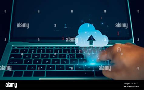 Human Uses Laptop For Download And Backup By Digital Cloud Network