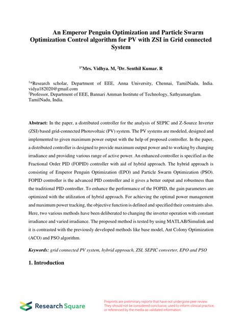 Pdf An Emperor Penguin Optimization And Particle Swarm Optimization Control Algorithm For Pv