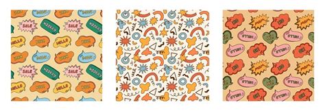 짧은 메시지와 함께 말풍선이 있는 귀여운 이음매 없는 패턴 세트 다양한 모양의 손으로 쓴 대화 문구가 있는 낙서 채팅 구름이 있는 배경 그루비 스타일의 디자인 템플릿 배경