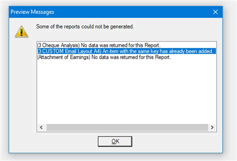 Report Selections Error An Item With The Same Key Has Already Been
