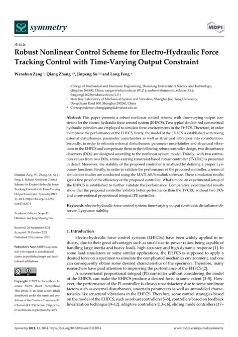 Pdf Robust Nonlinear Control Scheme For Electro Hydraulic Force