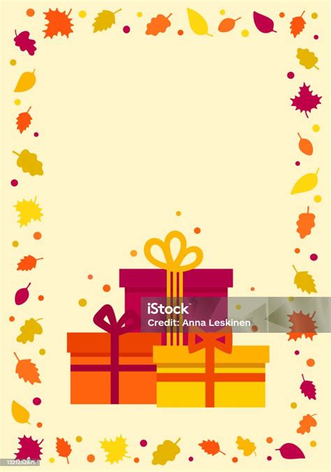 단풍이 있는 다채로운 선물 상자 텍스트에 배치합니다 단풍의 프레임배경으로 리본이 분리된 축제 상자 만화 플랫 스타일 잎 가을 판매 초대 상품권을 위한 벡터 디자인 따뜻한