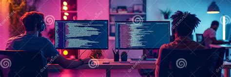 Developer Writing Code On Multiple Screens In A Modern Stylish Office