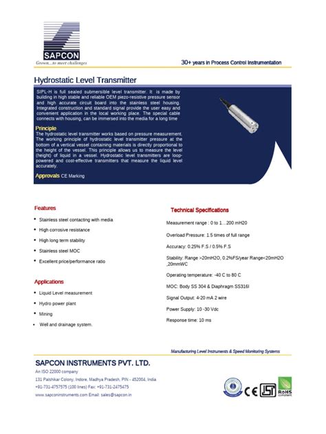 Hydrostatic Level Transmitter New Pdf Physical Sciences