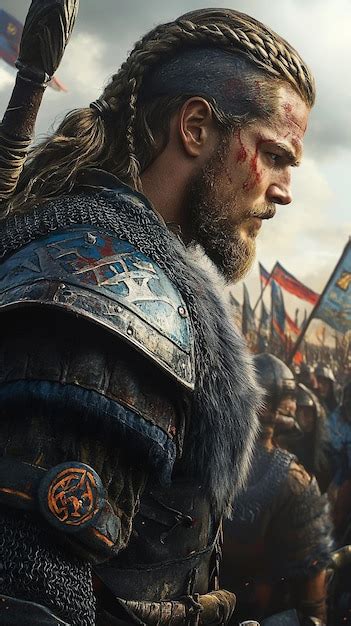 Handsome Brutal Strong Wild Man Viking With Patterns On Face And Beard