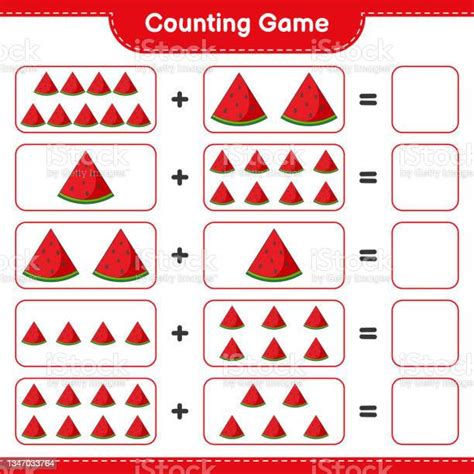 게임을 계산 수박의 수를 계산하고 결과를 작성합니다 교육 어린이 게임 인쇄 워크 시트 벡터 일러스트레이션 0명에 대한 스톡 벡터 아트 및 기타 이미지 Istock