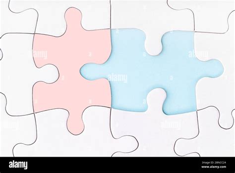 Male And Female Pieces Of Puzzle Matching Each Other Missing Piece Of Jigsaw Puzzle On Blue
