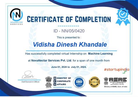 Vidisha Khandale On Linkedin Machinelearning Internshipcompletion Datascience Careerdevelopment