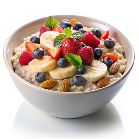 Oatmeal With Fresh Fruits And Nuts Isolated On White Background Stock