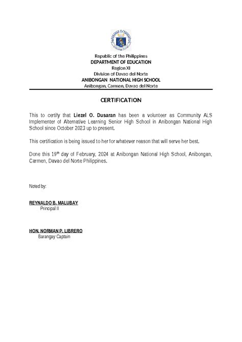 Als Certification Dfd Republic Of The Philippines Department Of