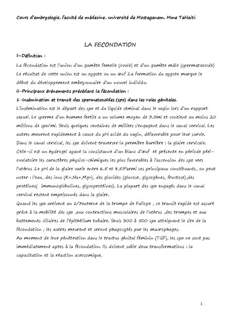 Fécondation Concepts Et Phénomènes Cours Dembryologie 1an Studocu