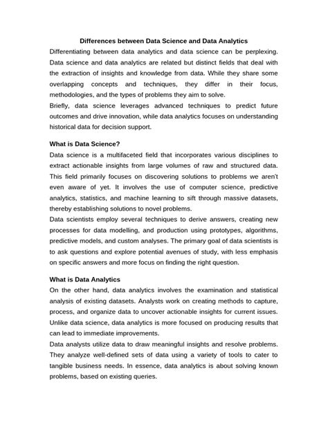 Differences Between Data Science And Data Analytics Pdf Data Science Data Analysis