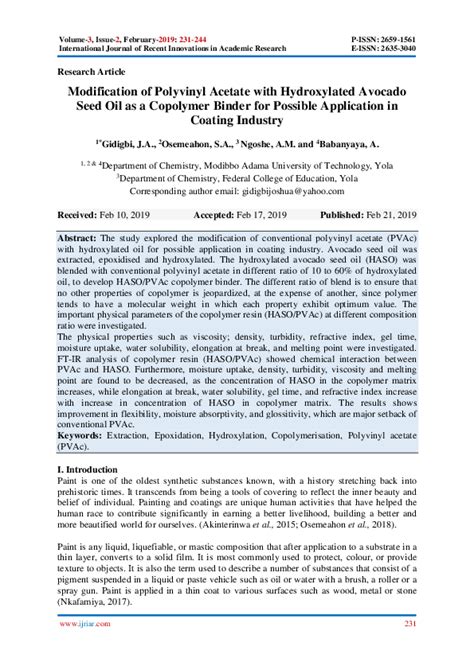 Pdf Modification Of Polyvinyl Acetate With Hydroxylated Avocado Seed Oil As A Copolymer Binder