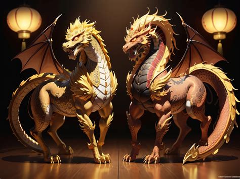 มีรูปปั้นมังกรสองตัวสองตัวอยู่บนโต๊ะ Seaart Ai