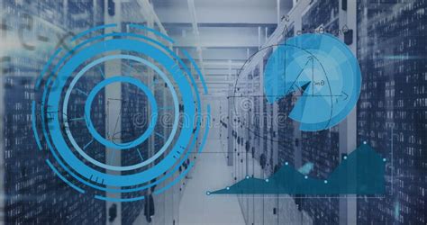 Animation Of Mathematical Equations Graphs Radars And Lens Flare Over Server Room Stock