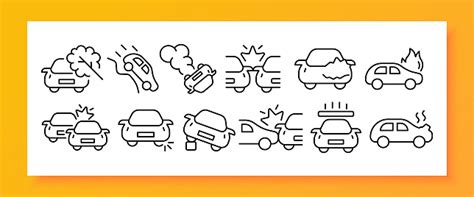 자동차 사고 세트 아이콘입니다 떨어지는 나무 절벽에서 떨어지고 전복 된 자동차 충돌 움푹 들어간 곳 후드 화재 거리 타이어 파열 충돌 과열 콘크리트 슬래브 도로 교통 개념