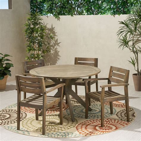 Zack Outdoor 5 Piece Acacia Wood Dining Set With Round Table Gray Fin