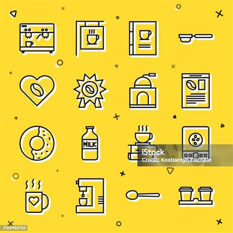 세트 라인 커피 컵 전자 커피 저울 신문 및 책 메달 연인 기계 및 수동 그라인더 아이콘 벡터 검은색에 대한 스톡 벡터 아트 및 기타 이미지 Istock