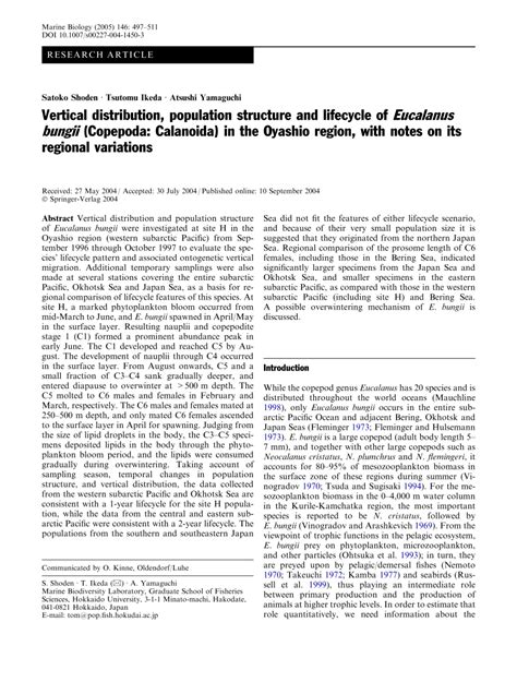 Pdf Vertical Distribution Population Structure And Lifecycle Of Eucalanus Bungii Copepoda