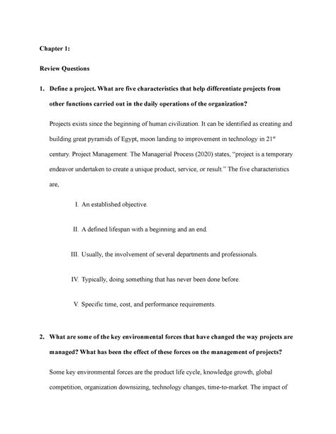 Project Management Assignment Chapter 1 Review Questions 1 Define A Project What Are Five