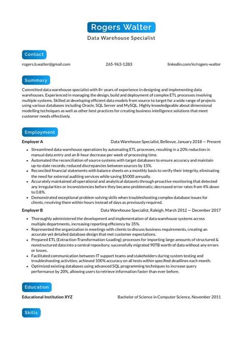 Data Warehouse Specialist Resume Cv Example And Writing Guide