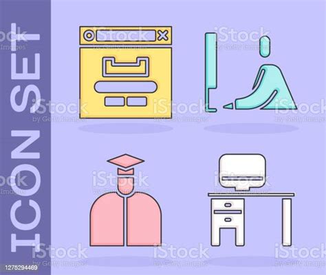 랩톱 아이콘에서 작업하는 컴퓨터 모니터 및 책상 브라우저 창 학생 및 학생을 설정합니다 벡터 가공의 인물에 대한 스톡 벡터 아트 및 기타 이미지 Istock