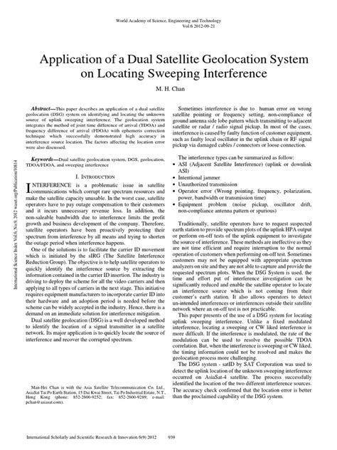 application of a dual satellite geolocation system on locating sweeping interference pdf