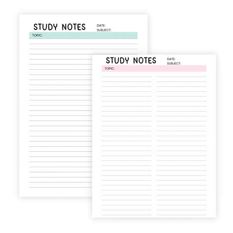 Study Notes Template Printable Study Notes Study Planner Aesthetic