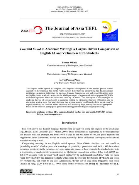 Asiatefl V19 N1 Spring 2022 Can And Could In Academic Writing A Corpus