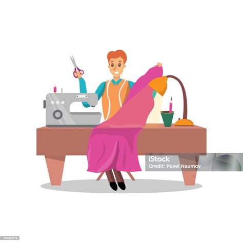 봉 제 기계 만화 벡터 일러스트 레이 션 핑크 드레스를 바느질 하는 남성 양 장점 남자에 대한 스톡 벡터 아트 및 기타 이미지 남자 재단사 건강관리와 의술 Istock