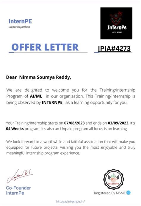 soumya reddy nimma on linkedin aiml internpe opportunity