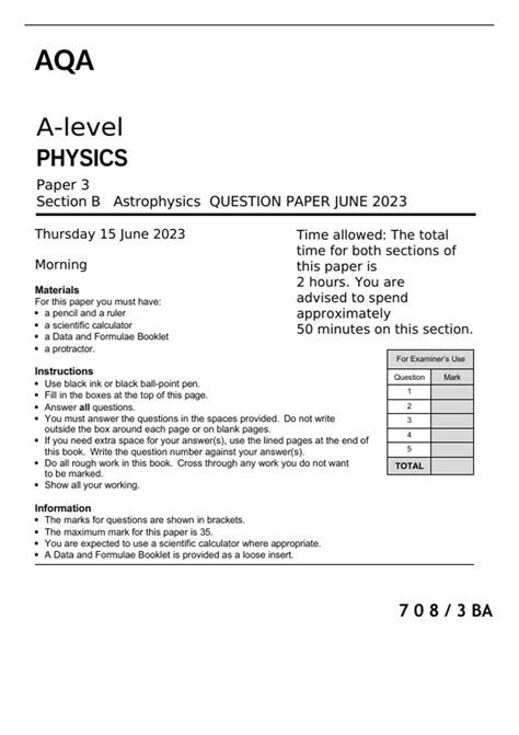 A Q A A Level Physics Paper 3 Section B Astrophysics Question Paper And
