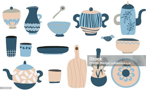 다양 한 도자기 도자기 요리 냄비 컵 머그잔 숟가락 접시 용기 그릇 손으로 그린 벡터 세트입니다 컬러 트렌디 한 일러스트 플랫 디자인 요소가 격리됩니다 개체 그룹에 대한