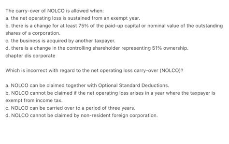 Solved The Carry Over Of Nolco Is Allowed When A ﻿the Net