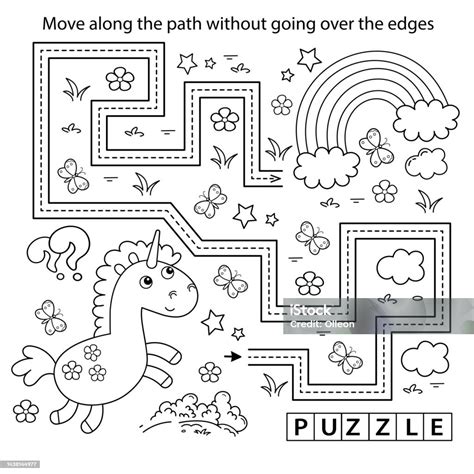 필기 연습 시트 간단한 교육 게임 또는 미로 색칠하기 만화 사랑스러운 마법 유니콘의 개요 동화 속 영웅 아이들을위한 색칠하기 책