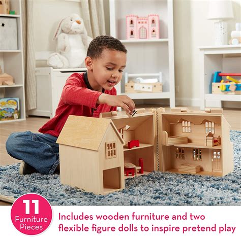 Melissa And Doug Fold And Go Wooden Dollhouse With 2 Play Figures And 11