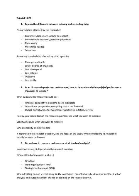 Erp Tutorial 1 Tutorial 1 Epr Explain The Difference Between Primary And Secondary Data