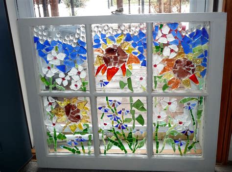 Old Glass Window Mosaic With Beach Glass And Gems Colorful Stained