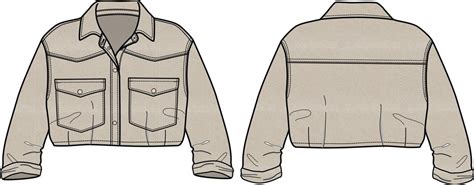 Womens Crop 재킷 전면 및 후면 플랫 스케치 기술 드로잉 벡터 일러스트 템플릿 프리미엄 벡터