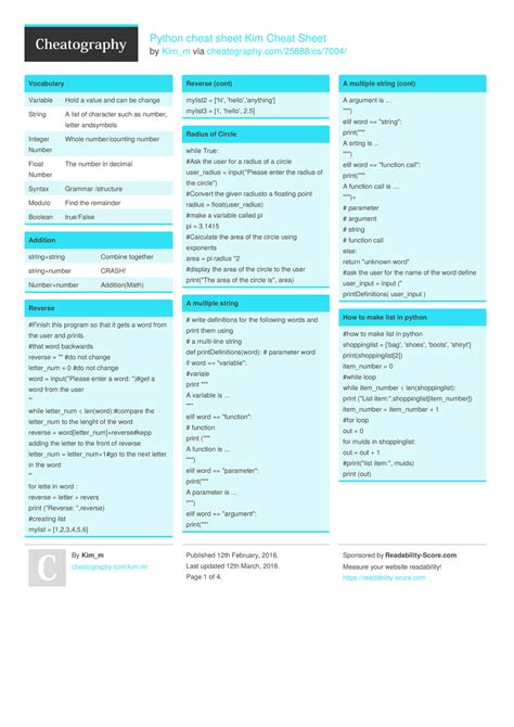 Python Kim Cheat Sheet By Kimm 4 Pages Programming Python R