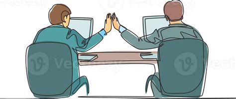 One Continuous Line Drawing Of Two Young Happy Business Men High Five When They Knew The Project